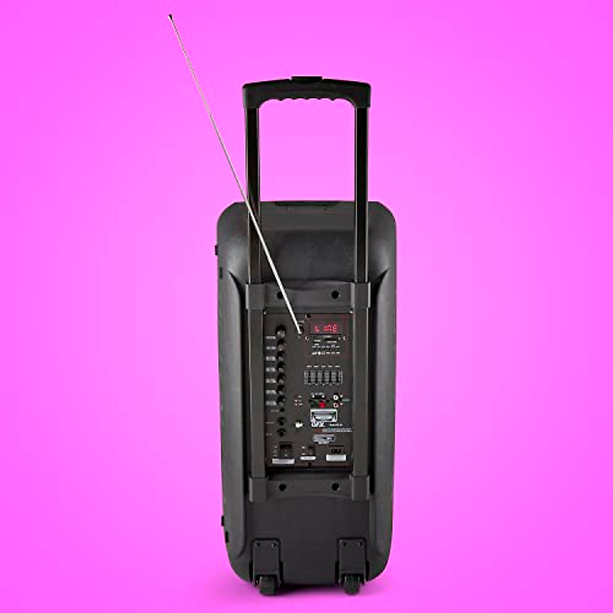 QFX PBX-100 Portable Rechargeable Bluetooth Speaker with LED Party Lights, Dual 10 in. Woofers, TWS, FM Radio, Handles and Wheels