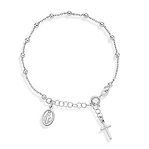 Miabella 925 Sterling Silver Italian Rosary Cross Bead Charm Link Chain Bracelet for Women Teen Girls, Adjustable, Made in Italy (Length 6 to 7 Inch)