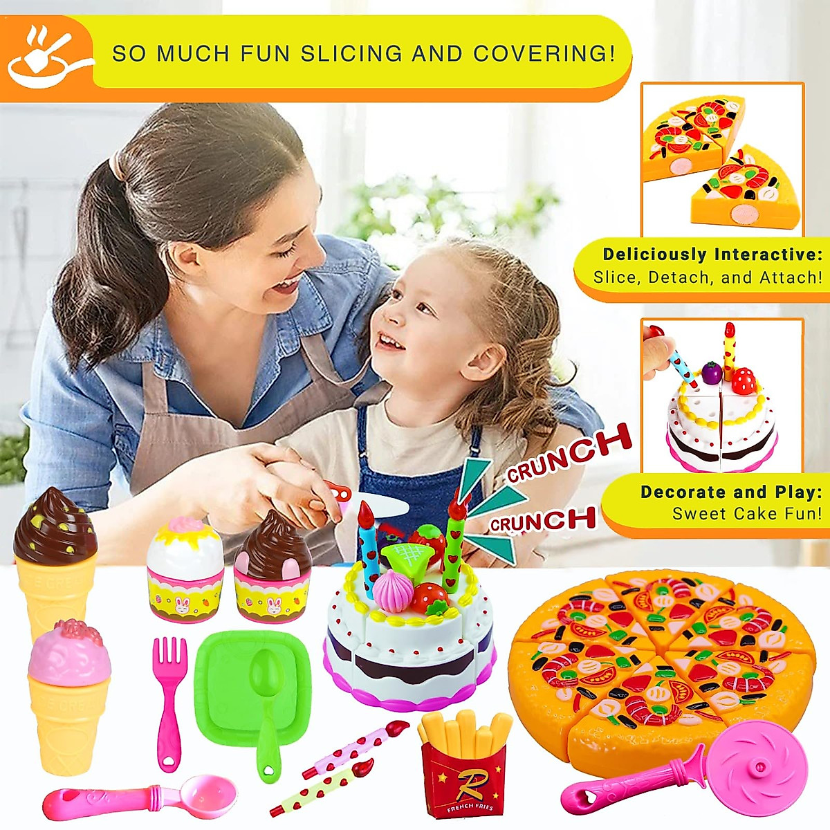FUNERICA Play Food Goodies Set with Storage Box - Features Cutting Pizza, Ice Cream, Toy Birthday Cake, Fries, Dessert – Pretend Kitchen Toys for Toddlers, Boys, Girls