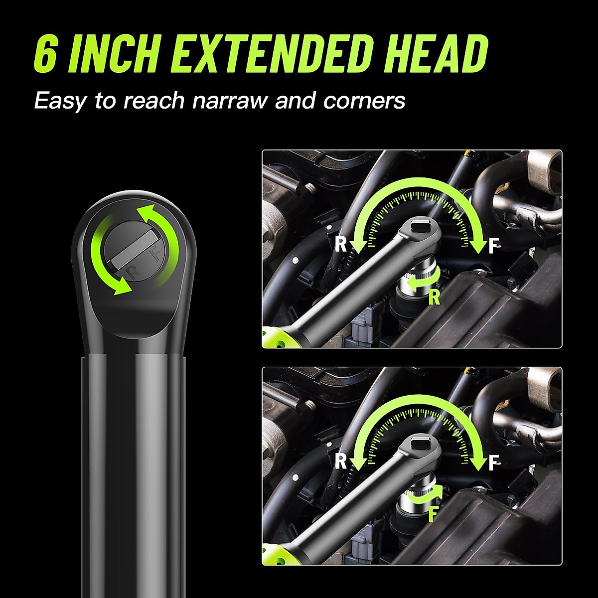 Robustrue 3/8" Cordless Ratchet Wrench, 6 inch Extended Ratchet Wrench, 40Ft-lbs 400RPM Cordless Ratchet, 2 Batteries Power Electric Ratchet Driver with Variable Speed, 7 Sockets, LED Light