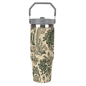 YTLKGFP 30 Oz Large Capacity Car Cup Light Green And Beige Tumbler with Handle Straw Lid Insulated Stainless Steel Water Bottle Travel Mug Leak-proof Car Cup Keeps Cold Or Hot