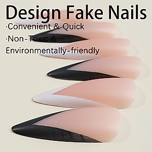 RTKHFZE Press on Nails Long,Almond Fake Nails Black White French Tip False Nails Matte Artificial Acrylic Nails Stiletto Full Cover Glue on Nails Stick on Nails for Women Manicure