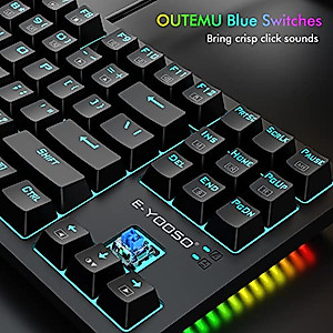 Mechanical Keyboard and Mouse, E-YOOSO Z-737 Wired Gaming Keyboard and Mouse with OUTEMU Blue Switches, 8000 DPI Honeycomb Mouse with Mouse Pad, Blue Backlit & RGB Sidelight 87 Keys Keyboard for PC