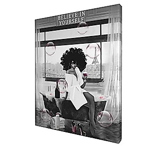 African American Wall Art Bathroom Decor Black Girl In Bathtub Canvas Wall Art Poster Prints Modern Pink Wall Decor Fashion Black Women Pictures Framed Artwork For Bathroom Ready To Hang 8"X10"