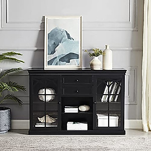 GOOD & GRACIOUS Sideboard Buffet Cabinet with Drawers and Glass Fretwork Doors, Storage Display Cabinet with Premium Painted Finish for Dining Room, Living Room, Kitchen, Entry, Black