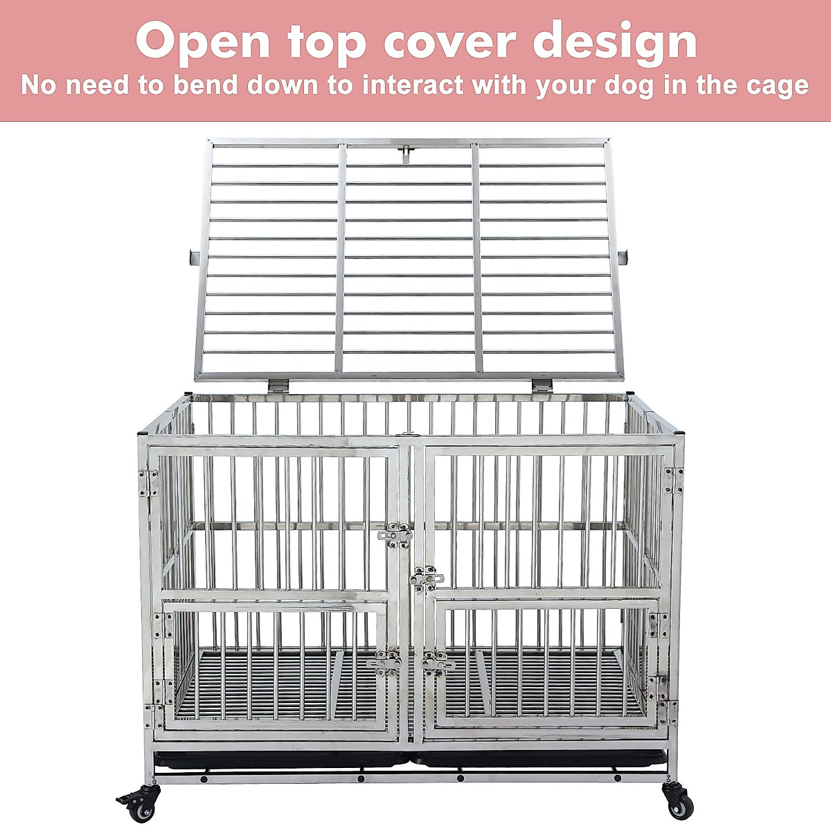 48" Heavy Duty Dog Crate Cage Kennel with Wheels, Full Stainless Steel High Anxiety Indestructible Dog Crate, Sturdy Locks Design, Double Door Small Door Design & Removable Tray Design (Silver)