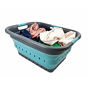 SAMMART 41L (10.8 Gallon) Collapsible Plastic Laundry Basket - Foldable Pop Up Storage Container/Organizer - Portable Washing Tub - Space Saving Hamper/Basket (Grey/Crystal Blue)