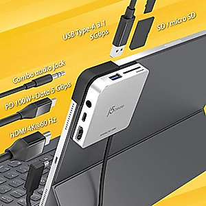 j5create iPad Pro USB C Hub- 6-in-1 Travel Dock for iPad Pro 12.9”/11”, with 4K@60Hz HDMI, USB C PD Charging 100W & Data, USB A 3.1, SD and microSD Card Reader, 3.5mm Headphone Jack (JCD612)