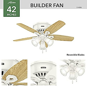 Hunter Fan Company, 51090, 42 inch Builder Snow White Low Profile Ceiling Fan with LED Light Kit and Pull Chain