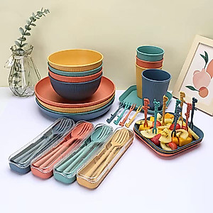Wheat Straw Dinnerware Sets (48Pcs) Reusable Dishware Sets with Plates, Cups, Knives, Forks and Spoons,Lightweight Camping Dishes,Dishwasher Microwave Safe,for Camping Kitchen Picnic College Dorm