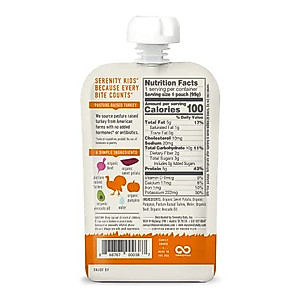 Serenity Kids 6+ Months Baby Food Pouches Puree Made With Ethically Sourced Meats & Organic Veggies | 3.5 Ounce BPA-Free Pouch | Pasture Raised Turkey, Sweet Potato, Pumpkin, Beet | 6 Count
