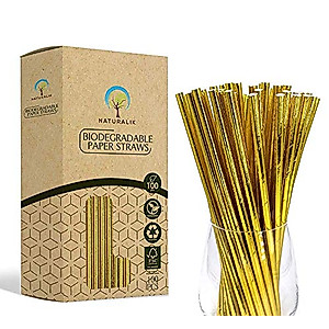 Naturalik 100-Pack Biodegradable Gold Paper Straws- Extra Durable Metallic Gold Drinking Straws- Gold Straws for Birthday, Wedding, Bridal/Baby Shower, Christmas celebrations, cake pops,Party Supplies