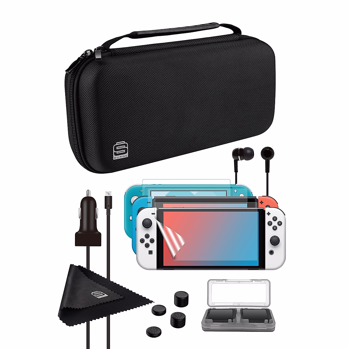 Accessory Kit for Nintendo Switch - SURGE Starterkit 2.0, 12-in-1 Accessory Starter Pack for Nintendo Switch, OLED Model & Lite, Protective EVA Case, Earbuds w/ Mic, 3x Screen Protectors, Thumb Grips, Game Storage, Cleaning Cloth