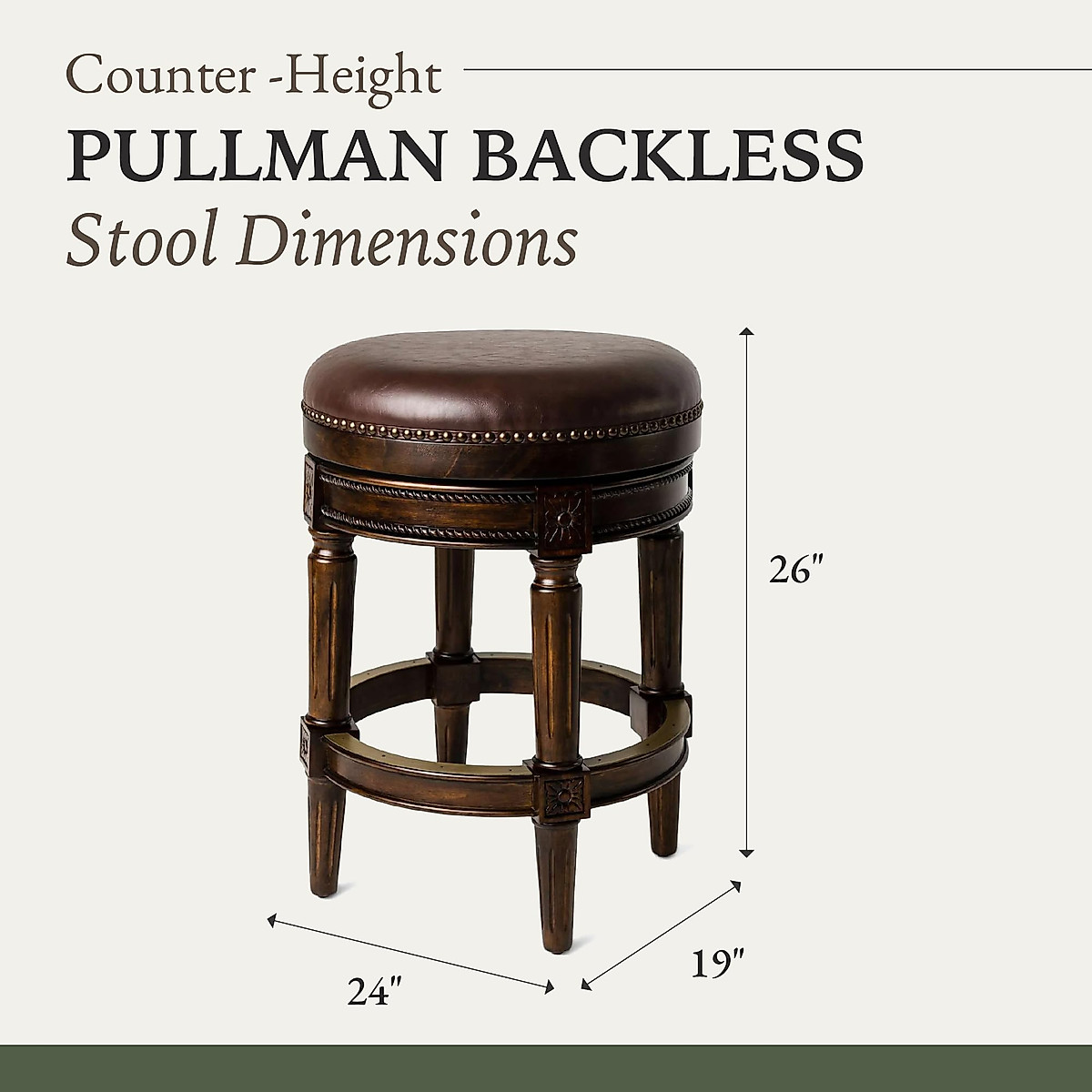 Maven Lane Pullman 26 Inch Tall Counter Height Upholstered Backless Barstool in Dark Walnut Finish with Vintage Brown Vegan Leather Cushion Seat