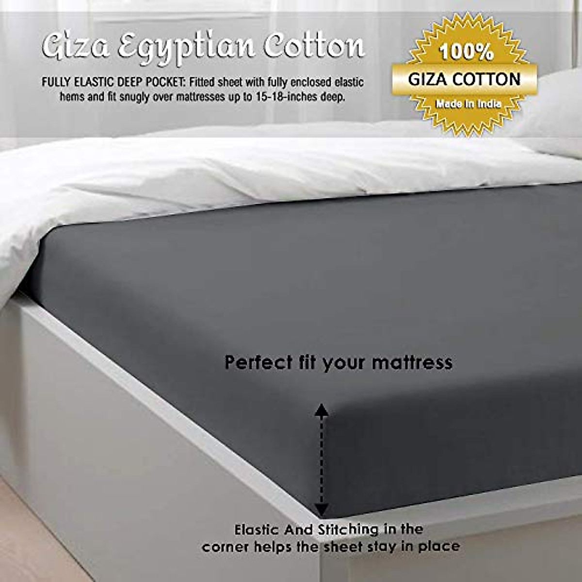 100% Long Staple Giza Cotton Bed Sheet Set Full Size – 400 Thread Count, 4-Piece Dark Grey Full Bedding, Sateen Weave, Luxury Hotel Quality, 16" Deep Pocket (Fits Up to 16" Mattress)