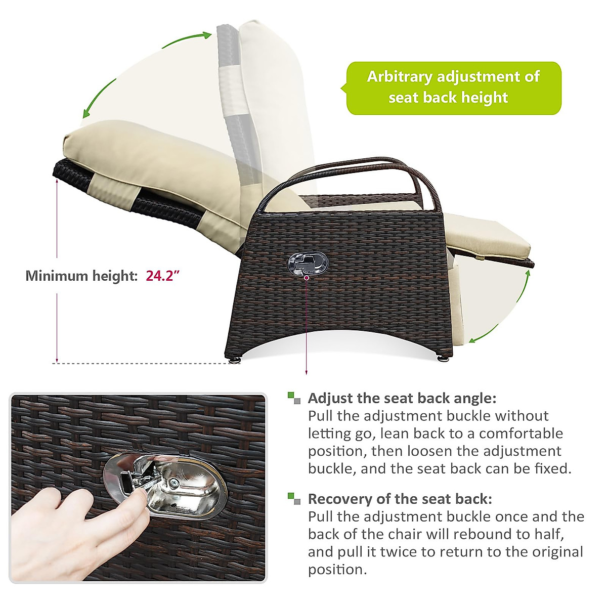 Skypatio Indoor/Outdoor Wicker Recliner Chair, Adjustable Backrest Patio Recliner Lounge Chair with Flip Side Table, Footrest and Soft Cushion(Khaki)