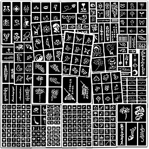 Aresvns 550+ PCS Temporary Tattoo Stencils with Body Painting Pen,24 Sheets Henna Tattoo Templates Reusable for Women,Glitter Tattoo Stencils,Airbrush Tattoo Stencils,Body Art Template