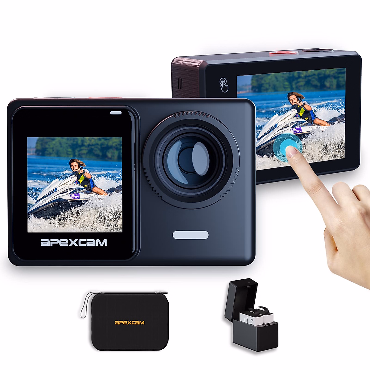 Apexcam 24MP 4K Action Camera EIS Touch Screen 40M Waterproof Underwater Camera, Wide Angle Dual Screen Camera for Vlog(External Mic,Remote Control, Charger and Helmet Accessories)…