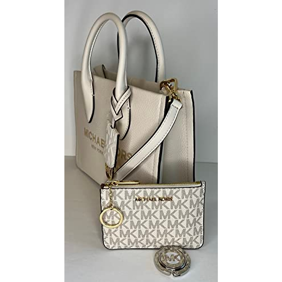 Michael Kors Mirella Small Shopper Top Zip Bag bundled SM TZ Coinpouch Purse Hook (LT Cream Multi/Vanilla PVC)