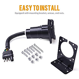 SnowyFox 4 Flat to 7 Way Round Trailer Light Adapter Plug 6-24V for Trailer RV Boat Car with Mounting Bracket