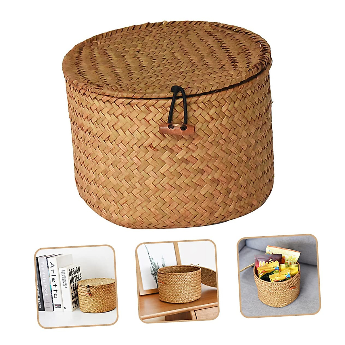 GARVALON Round Wicker Basket with Lid, 150 oz, Snacks, Cosmetics, Desktop Storage