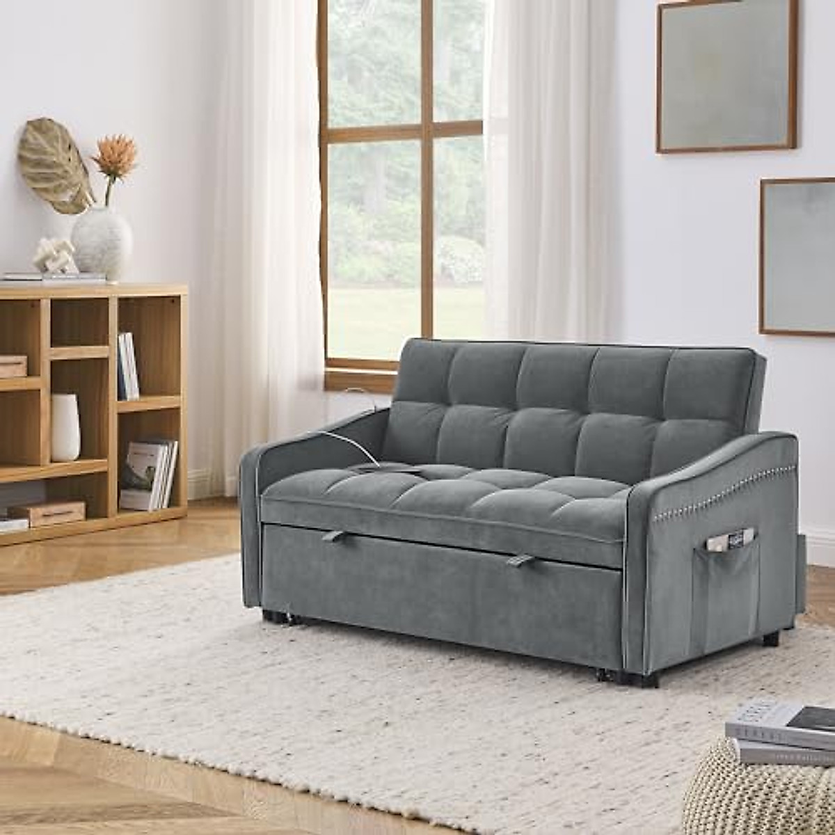 Upholstered Futon Loveseat Sofa Convertible to Sleeper Sofá Bed,Adjsutable Love Seat Chaise Lounge Couch Chair,Sofacama with Two Arm Pocket,Type C,USB Charging and Copper Nail for RV/Living Room