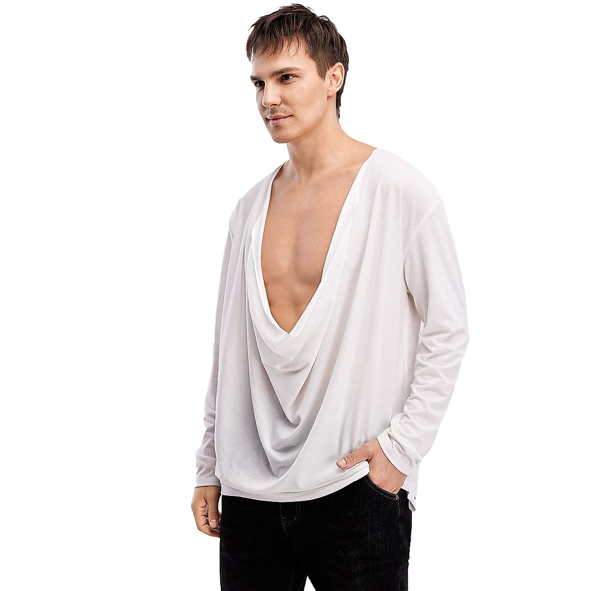 WDIRARA Men's Cowl Neck Draped Long Sleeve T Shirt Top Party Club Tops White XL