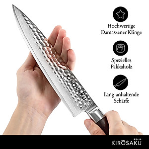 Kirosaku Premium Santoku Knife Damascus 20cm - Enormously Sharp Santoku Chef's Knife Made of The Best Damascus Steel - Damascus Kitchen Knife for a Fantastic Cutting Experience