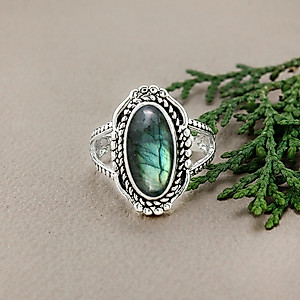 TISHAVI 5.25Cts Sterling Silver Genuine Natural Labradorite Ring For Women, Sterling Silver Birthstone Ring Jewelry Gift For Women Mom Wife Girlfriend Sister