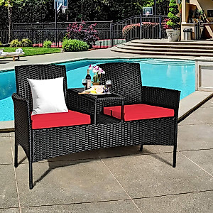 HAPPYGRILL Patio Loveseat Rattan Wicker Loveseat with Coffee Table, Outdoor Conversation Sofa Furniture with Cushions for Garden Lawn Backyard Porch