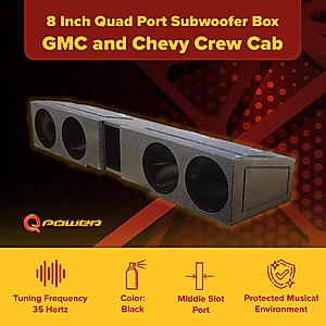 Q Power 8 Inch Quad Port Car Subwoofer Speaker Enclosure Box with Bed Liner and Underseat Down Front Fire for 4 Subwoofers, Black