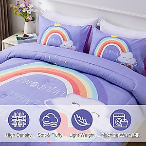 A Nice Night Bedding 3 Piece Cartoon Rainbow Bedding Set with Cloud Printed for Girls Toddler Bed Comforter Sets (Purple-Rainbow, Full)