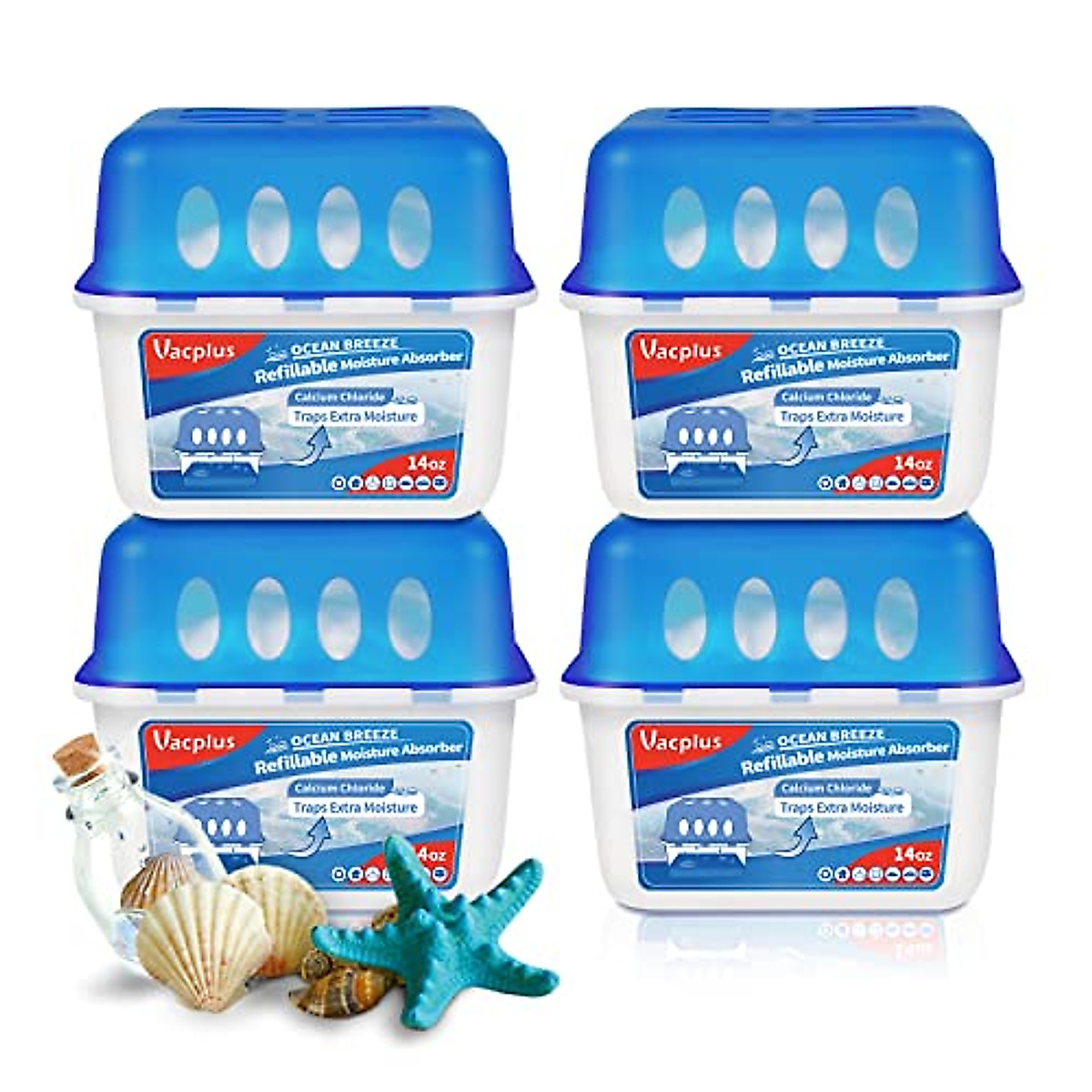 Vacplus Moisture Absorbers, Reusable Dehumidifiers for Closet, Moisture Absorbers for Rooms with Visible Dehumidification, Humidity Absorber Boxes & Odor Removers, 14OZ, 4 Pack (Ocean Breeze Scent)