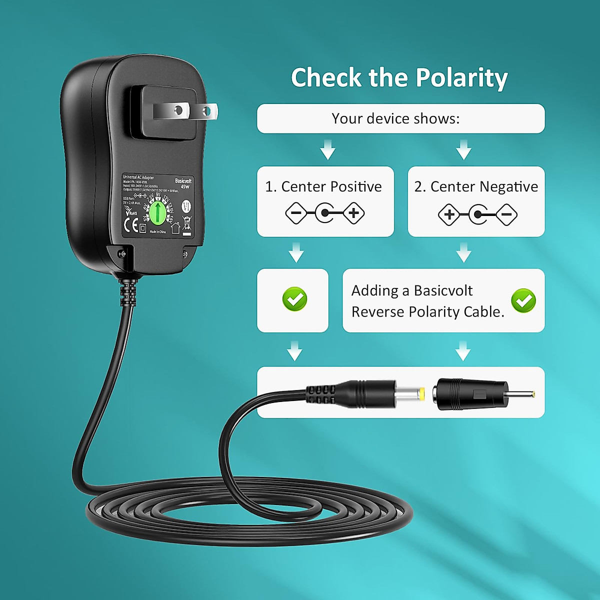 Basicvolt Universal Power Supply 5V 6V 7.5V 9V 12V 13.5V 15V 3A 2.5A AC DC Power Adapter 45W Wall Charger with 5V 2A USB Plug for Electronics 2.5A 2500mA 3000mA 3Amp Max with 12pcs Adaptor Tips