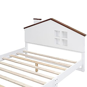 HoRunzelin Modern Full Size Pine Wood House Shaped Headboard Platform Bed with Storage Cabinet and LED Lights for Kids Boys Girls Teens,White