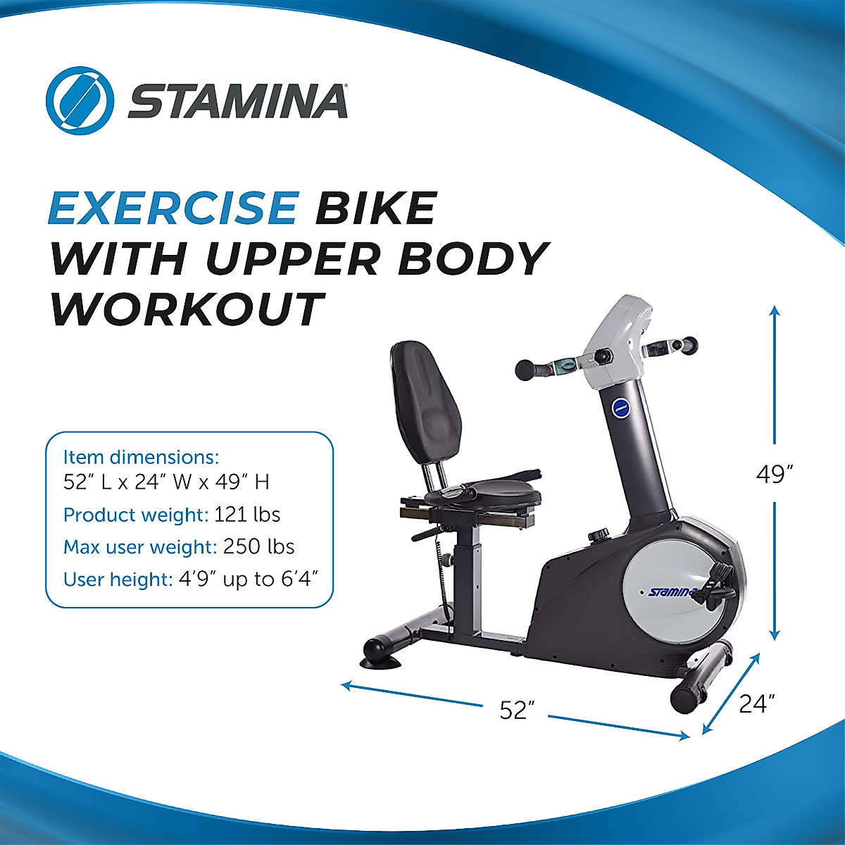 Stamina Elite Total Body Recumbent Bike with Arm Workout - Recumbent Cross Trainer with Smart Workout App for Home Workout - Up to 250 lbs Weight Capacity