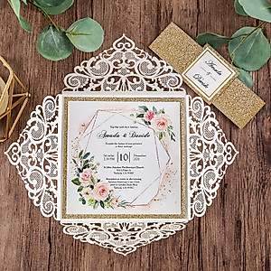 DreamBuilt 6.3 x 6.3 inch Ivory Laser Cut Wedding Invitations Cards with Gold Glitter Border and Bellyband for Wedding Bridal Shower (Ivory, 50pcs Blank)