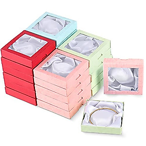 Tuanse 24 Pcs Square Cardboard Jewelry Gift Box 3.5 x 3.5 x 0.8 inches Jewelry Boxes Bulk with Clear Lid for Bracelet Packaging Boxes Earring Ring Necklace Pendant Jewelry Display Storage, 4 Colors
