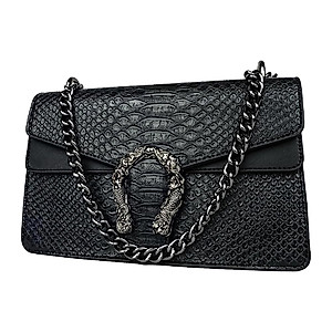 JBB Women's Crossbody Shoulder Bag Retro Snakeskin Solid Color Chain Strap Clutch Leather Bag Black