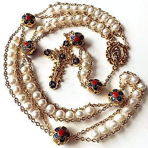 elegantmedical handmade 18KGold-plated Ladder to Heaven pearl & Enamel Beads Catholic Rosary crucifix Necklace box