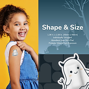 BioSwiss Bandages, Halloween Ghost Shaped Self Adhesive Bandage, Latex Free Sterile Wound Care, Fun First Aid Kit Supplies for Kids, 24 Count