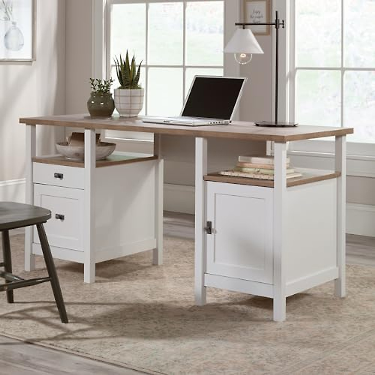 Sauder Cottage Road Computer Desk with Drawers, Home Office Desk with File Cabinet and Storage Shelves, in Soft White