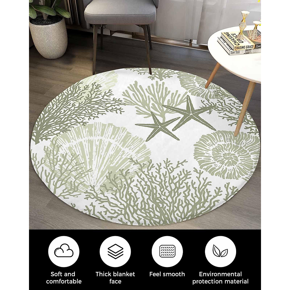 Sage Green Shell Fluffy Round Area Rug Carpets 3.3ft, Plush Shaggy Carpet Soft Circular Rugs, Non-Slip Fuzzy Accent Floor Mat for Living Room Bedroom Nursery Ocean Nautical Starfish Abstract Geometric