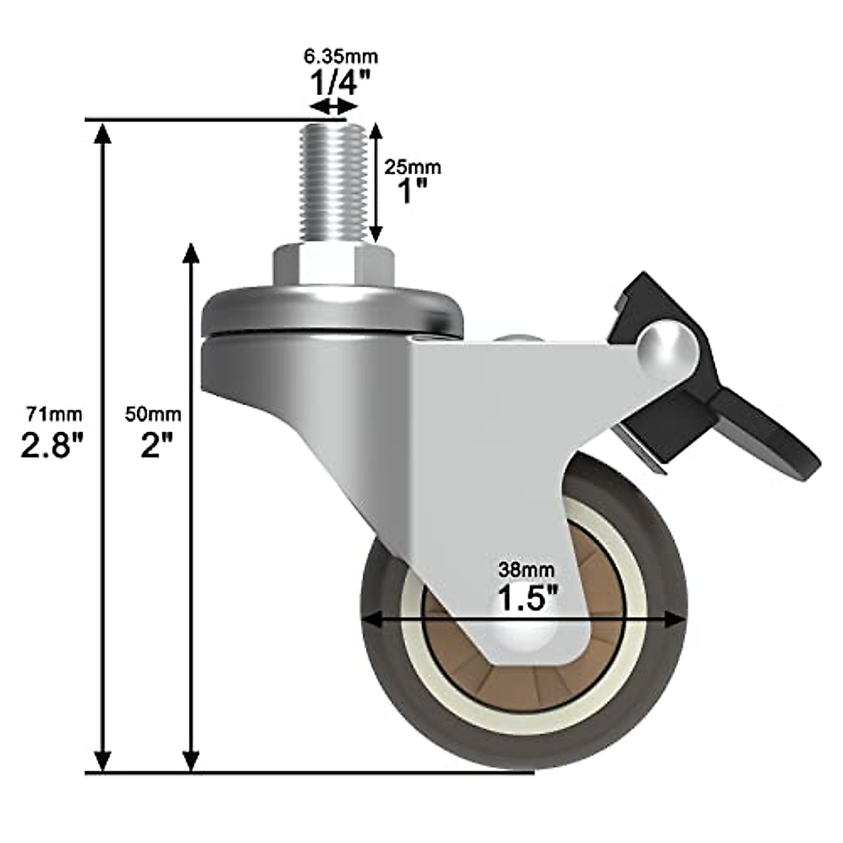 OK5STAR 1.5" Mini Caster Wheels with Brakes, 1/4"-20x1" Threaded Stem Low Profile TPR Castors Quiet Rolling for Small Cart Trolley Dolly Workbench Furniture Set of 4（fit 6mm to 6.35mm）
