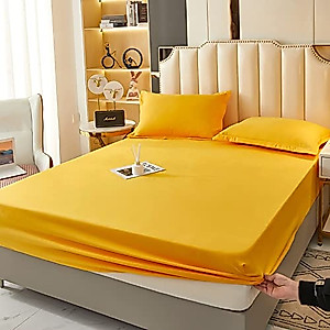 Hotel Bedding Sheets,Thick Brushed Solid Color Mattress Protector, Bedroom Hotel Mattress Topper, Fit 12"/30cm Deep Mattress,Yellow,150x200cm+30cm