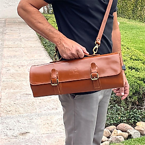 MARION LE KANGOU Made of Genuine Calf Top Grain Leather - Handcrafted Professional Chef Knife Storage Roll Bag - 8 Pockets - Detachable Shoulder Strap - Zippered Interior Pocket