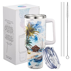 THILY 40 oz Stainless Steel Tumbler with Handle - Vacuum Insulated Travel Cup, Splash-Proof & Leakproof Lid, 2 Straws & Brush | Keeps Cold 34H/Hot 12H, Cupholder Friendly, Coastal Breeze