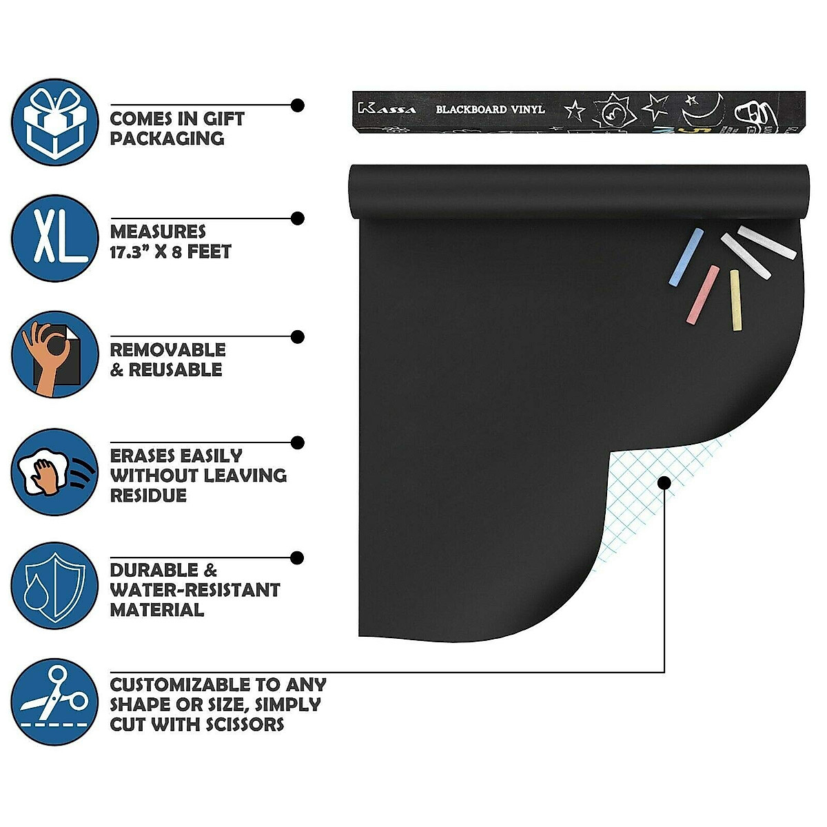 Kassa X-Large Chalkboard Wallpaper - Clear | 1.4ft x 8ft Adhesive Paper Roll | Includes 3 Markers & Eraser Cloth | Peel & Stick on a Wall, Table & Desk | Ideal for Use at Home, School, Office & More