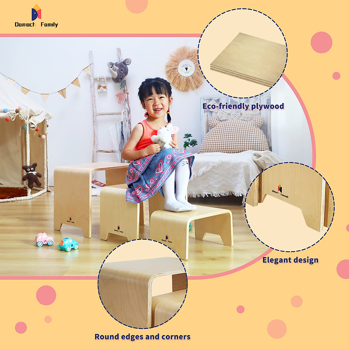 Damoch Family™ Stackable Wooden Kids Stool 3 Pieces Set,Toddler Table and Chair Set Functioning as Weaning Table and Weaning Chair,Kids Table and Chair Set as Kids Office and Nesting Stool