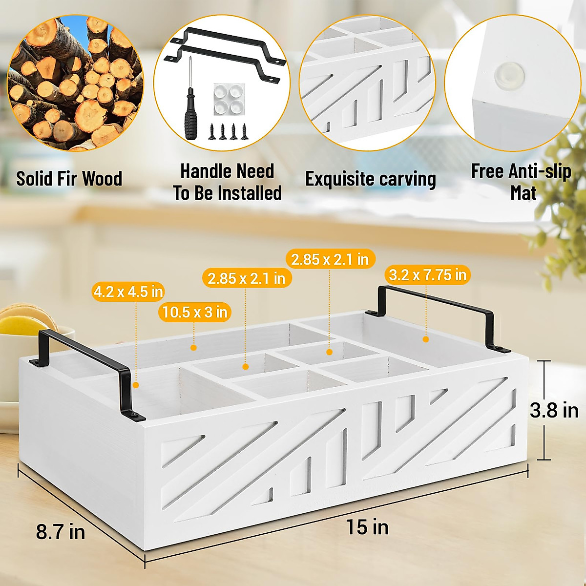 Ameuphercy Paper Plate Holder Utensil Caddy for Kitchen Counter，Paper Plate Dispenser with Large Cup Holder for Kitchen Counter, Paper Plate Organizer for Party,Wedding, BBQ(White-Carving)